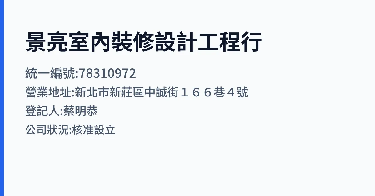 景亮室內裝修設計工程行 - 統編 78310972(新北市) 公司登記資料與營業項目詳細圖表