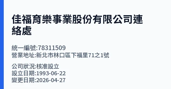 佳福育樂事業股份有限公司連絡處的照片-統編 78311509(新北市) 公司登記資料與營業項目詳細圖表