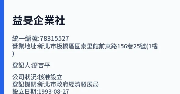 益旻企業社的照片-統編 78315527(新北市) 公司登記資料與營業項目詳細圖表