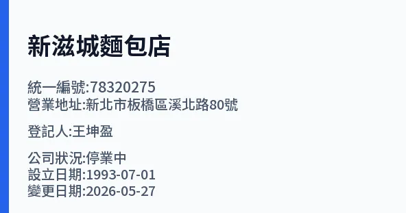 新滋城麵包店的照片-統編 78320275(新北市) 公司登記資料與營業項目詳細圖表