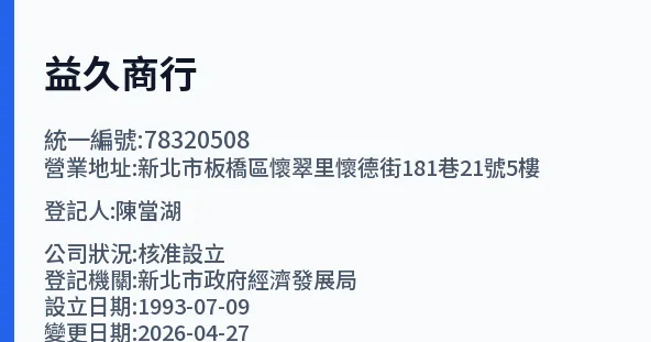 益久商行的照片-統編 78320508(新北市) 公司登記資料與營業項目詳細圖表