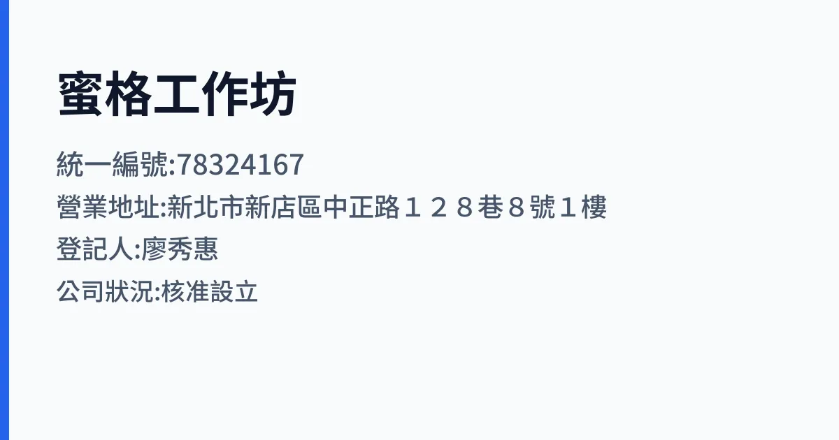 蜜格工作坊 - 統編 78324167(新北市) 公司登記資料與營業項目詳細圖表