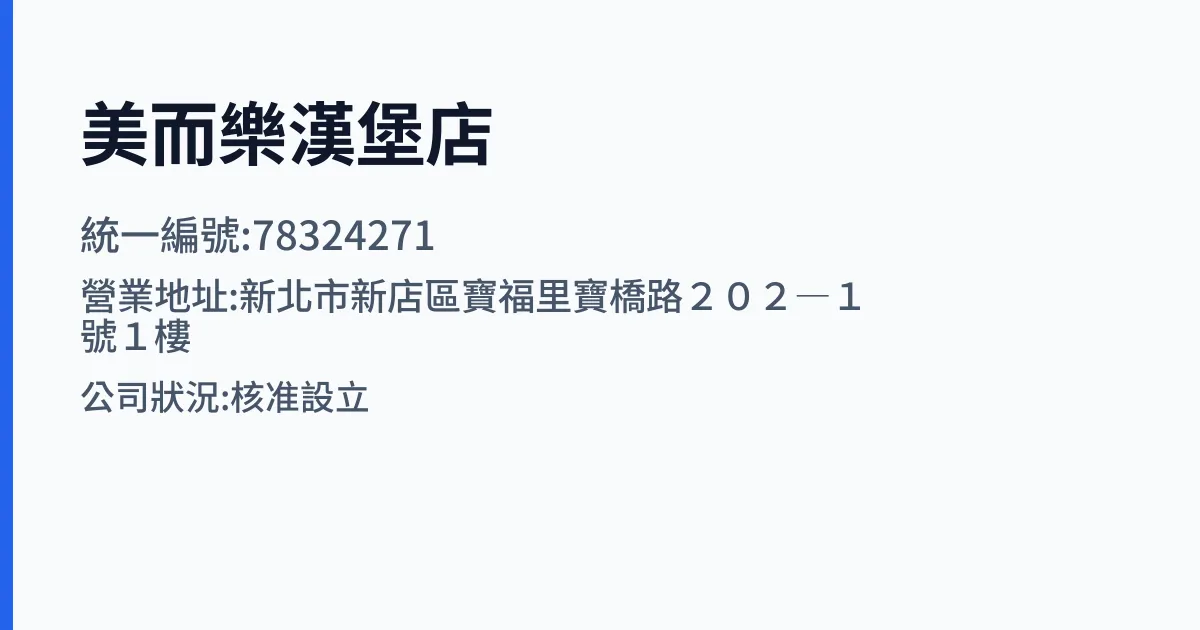 美而樂漢堡店 - 統編 78324271(新北市) 公司登記資料與營業項目詳細圖表
