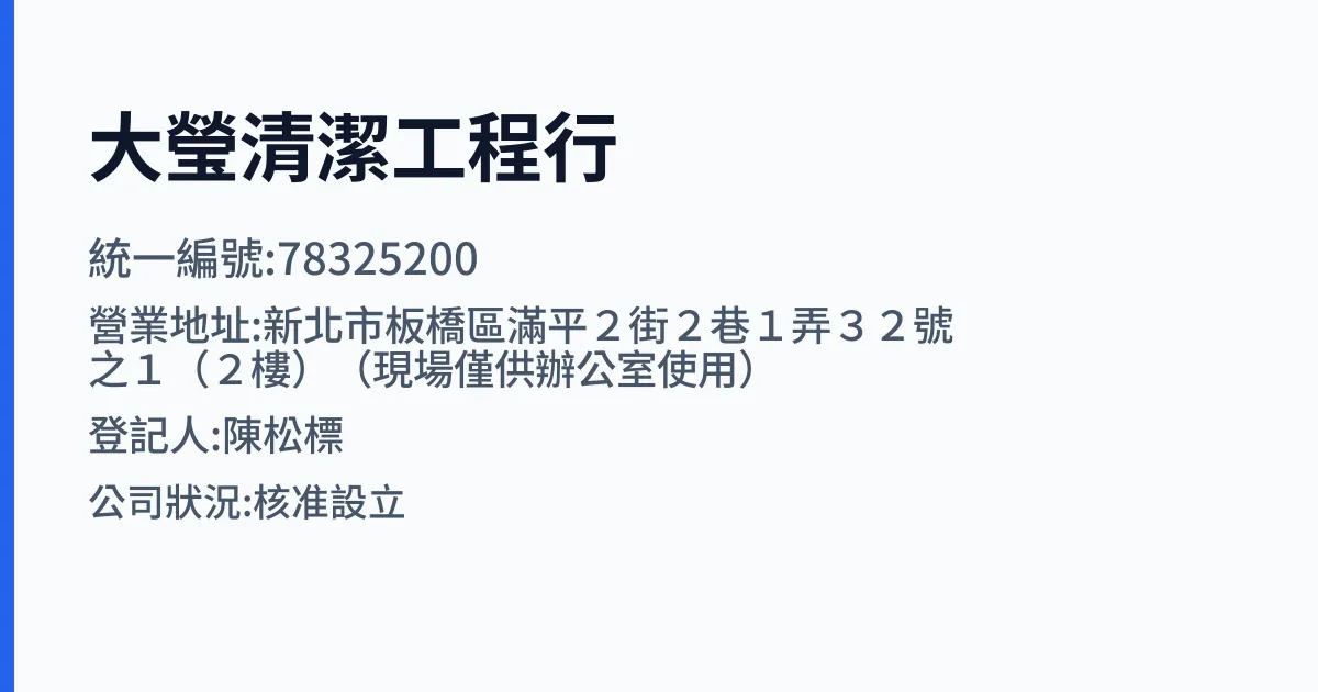 大瑩清潔工程行 - 統編 78325200(新北市) 公司登記資料與營業項目詳細圖表