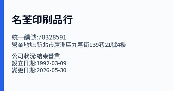 名荃印刷品行的照片-統編 78328591(新北市) 公司登記資料與營業項目詳細圖表