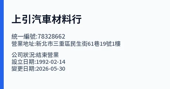 上引汽車材料行的照片-統編 78328662(新北市) 公司登記資料與營業項目詳細圖表