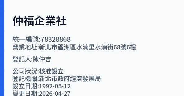 仲福企業社的照片-統編 78328868(新北市) 公司登記資料與營業項目詳細圖表