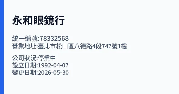 永和眼鏡行的照片-統編 78332568(臺北市) 公司登記資料與營業項目詳細圖表