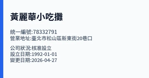 黃麗華小吃攤的照片-統編 78332791(臺北市) 公司登記資料與營業項目詳細圖表