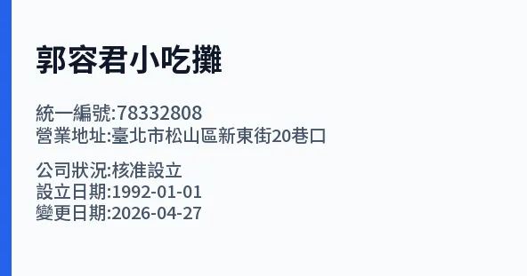 郭容君小吃攤的照片-統編 78332808(臺北市) 公司登記資料與營業項目詳細圖表