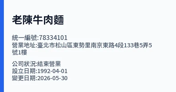 老陳牛肉麵的照片-統編 78334101(臺北市) 公司登記資料與營業項目詳細圖表