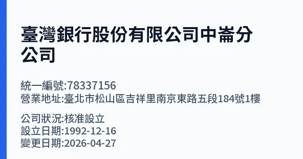 臺灣銀行股份有限公司中崙分公司的照片-統編 78337156(臺北市) 公司登記資料與營業項目詳細圖表