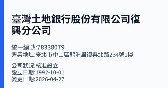 臺灣土地銀行股份有限公司復興分公司的照片-統編 78338079(臺北市) 公司登記資料與營業項目詳細圖表
