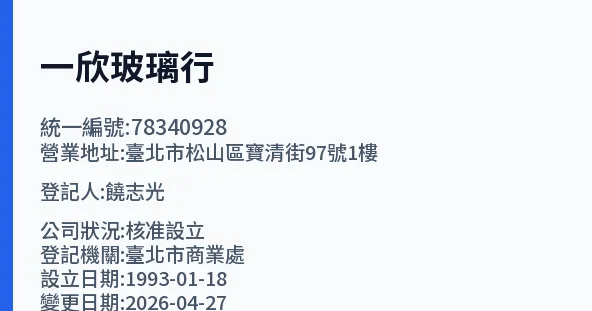 一欣玻璃行的照片-統編 78340928(臺北市) 公司登記資料與營業項目詳細圖表