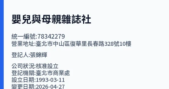 嬰兒與母親雜誌社的照片-統編 78342279(臺北市) 公司登記資料與營業項目詳細圖表