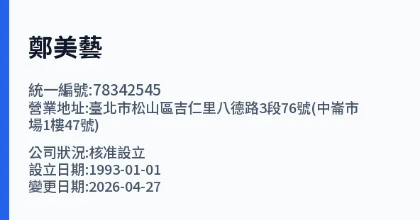 鄭美藝的照片-統編 78342545(臺北市) 公司登記資料與營業項目詳細圖表