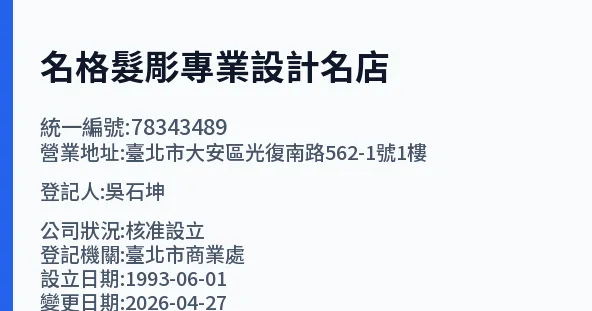名格髮彫專業設計名店的照片-統編 78343489(臺北市) 公司登記資料與營業項目詳細圖表