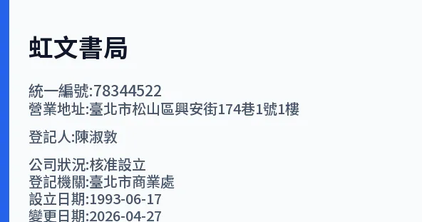 虹文書局的照片-統編 78344522(臺北市) 公司登記資料與營業項目詳細圖表