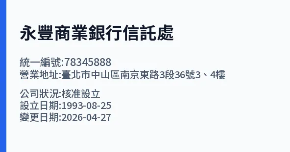 永豐商業銀行信託處的照片-統編 78345888(臺北市) 公司登記資料與營業項目詳細圖表