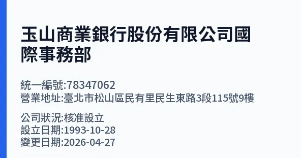 玉山商業銀行股份有限公司國際事務部的照片-統編 78347062(臺北市) 公司登記資料與營業項目詳細圖表