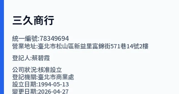 三久商行的照片-統編 78349694(臺北市) 公司登記資料與營業項目詳細圖表