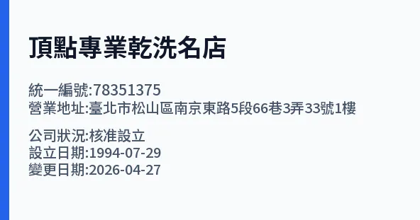 頂點專業乾洗名店的照片-統編 78351375(臺北市) 公司登記資料與營業項目詳細圖表