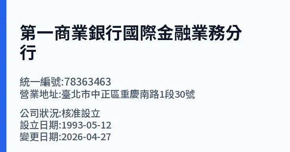 第一商業銀行國際金融業務分行的照片-統編 78363463(臺北市) 公司登記資料與營業項目詳細圖表