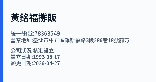 黃銘福攤販的照片-統編 78363549(臺北市) 公司登記資料與營業項目詳細圖表
