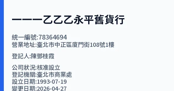 一一一乙乙乙永平舊貨行的照片-統編 78364694(臺北市) 公司登記資料與營業項目詳細圖表