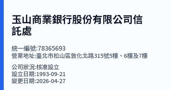 玉山商業銀行股份有限公司信託處的照片-統編 78365693(臺北市) 公司登記資料與營業項目詳細圖表