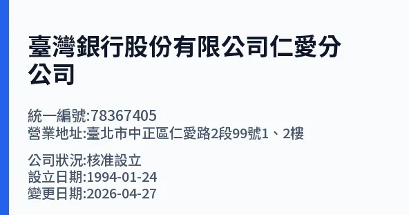 臺灣銀行股份有限公司仁愛分公司的照片-統編 78367405(臺北市) 公司登記資料與營業項目詳細圖表