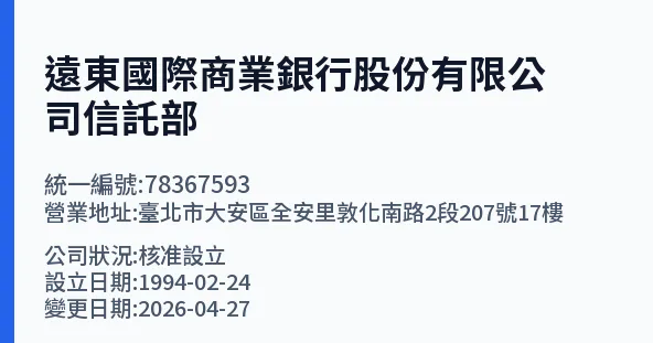 遠東國際商業銀行股份有限公司信託部的照片-統編 78367593(臺北市) 公司登記資料與營業項目詳細圖表