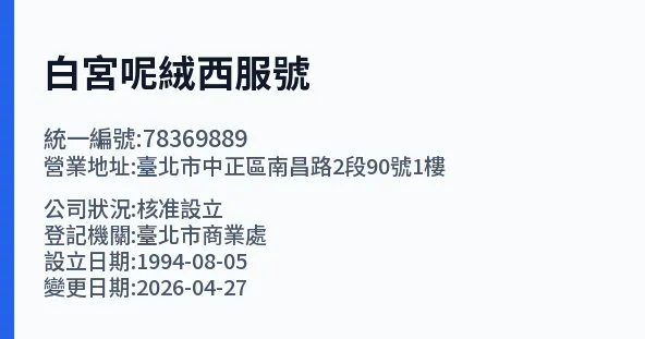 白宮呢絨西服號的照片-統編 78369889(臺北市) 公司登記資料與營業項目詳細圖表