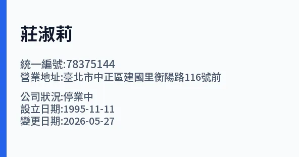 莊淑莉的照片-統編 78375144(臺北市) 公司登記資料與營業項目詳細圖表