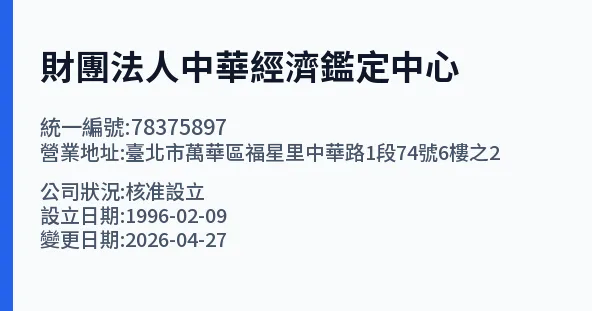 財團法人中華經濟鑑定中心的照片-統編 78375897(臺北市) 公司登記資料與營業項目詳細圖表