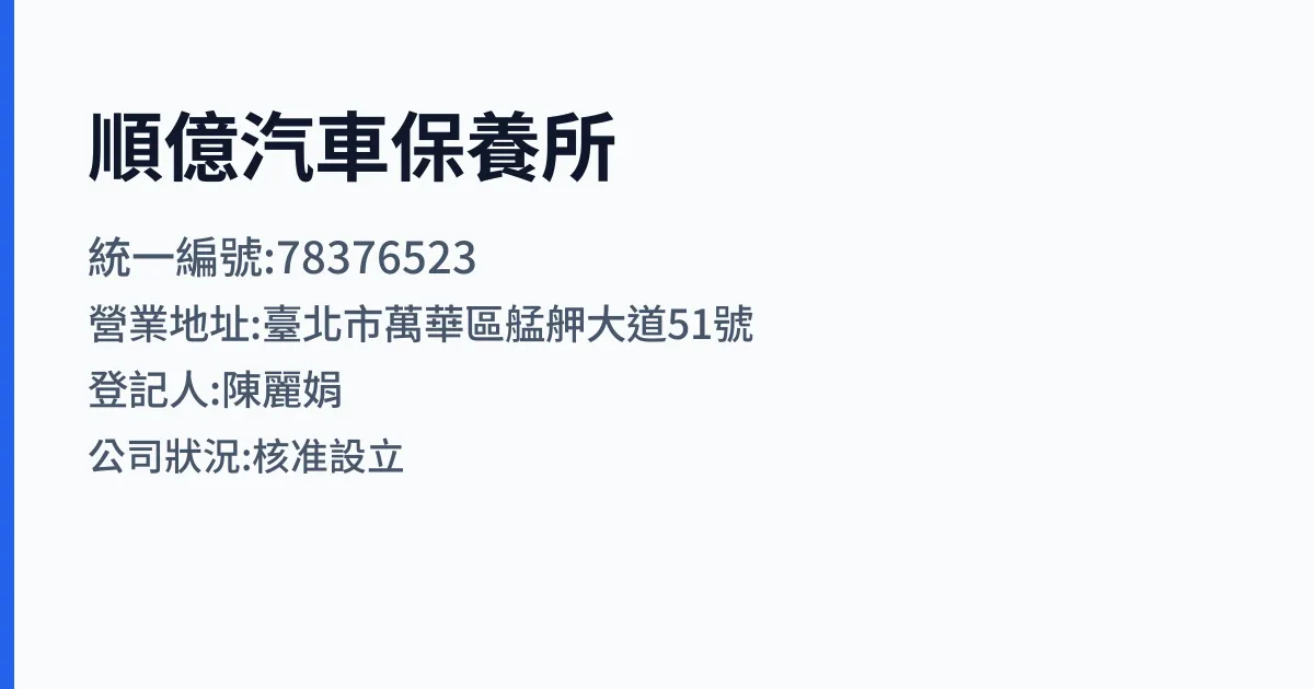 順億汽車保養所 - 統編 78376523(臺北市) 公司登記資料與營業項目詳細圖表