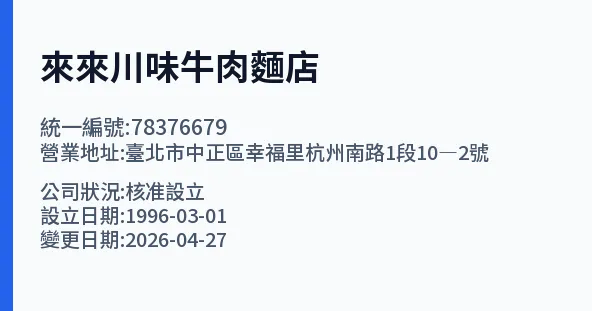來來川味牛肉麵店的照片-統編 78376679(臺北市) 公司登記資料與營業項目詳細圖表