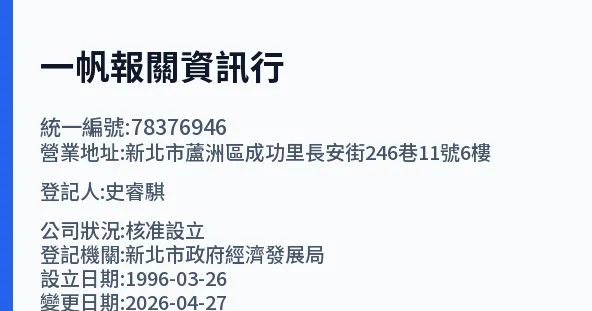 一帆報關資訊行的照片-統編 78376946(新北市) 公司登記資料與營業項目詳細圖表