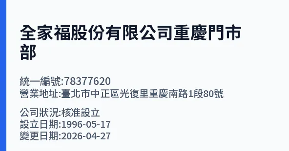 全家福股份有限公司重慶門市部的照片-統編 78377620(臺北市) 公司登記資料與營業項目詳細圖表