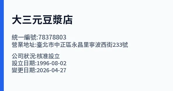 大三元豆漿店的照片-統編 78378803(臺北市) 公司登記資料與營業項目詳細圖表