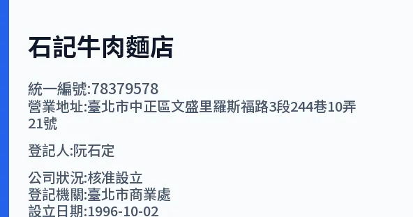 石記牛肉麵店的照片-統編 78379578(臺北市) 公司登記資料與營業項目詳細圖表