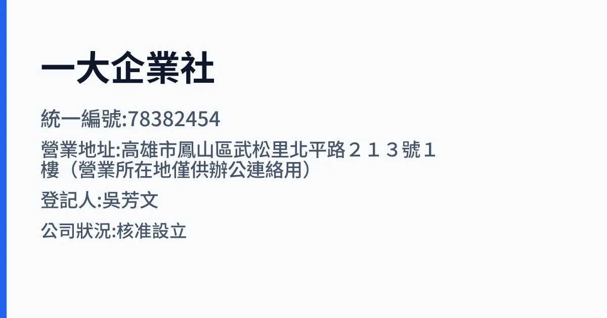 一大企業社 - 統編 78382454(高雄市) 公司登記資料與營業項目詳細圖表