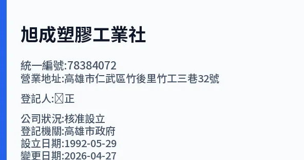 旭成塑膠工業社的照片-統編 78384072(高雄市) 公司登記資料與營業項目詳細圖表