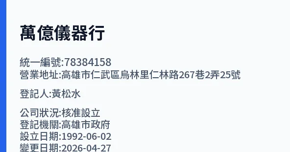 萬億儀器行的照片-統編 78384158(高雄市) 公司登記資料與營業項目詳細圖表