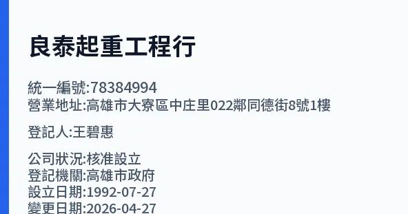 良泰起重工程行的照片-統編 78384994(高雄市) 公司登記資料與營業項目詳細圖表