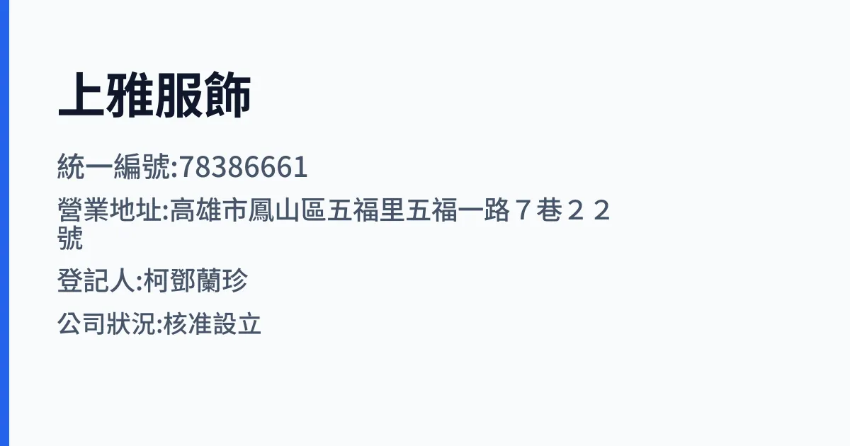 上雅服飾 - 統編 78386661(高雄市) 公司登記資料與營業項目詳細圖表