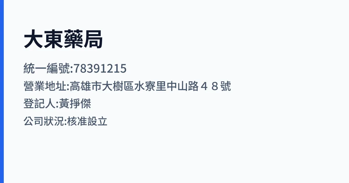 大東藥局 - 統編 78391215(高雄市) 公司登記資料與營業項目詳細圖表