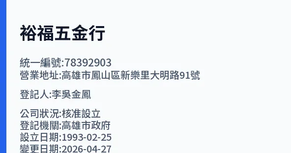 裕福五金行的照片-統編 78392903(高雄市) 公司登記資料與營業項目詳細圖表