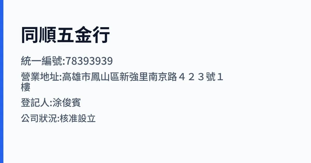 同順五金行 - 統編 78393939(高雄市) 公司登記資料與營業項目詳細圖表
