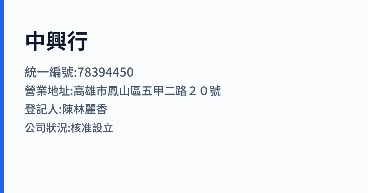 中興行 - 統編 78394450(高雄市) 公司登記資料與營業項目詳細圖表